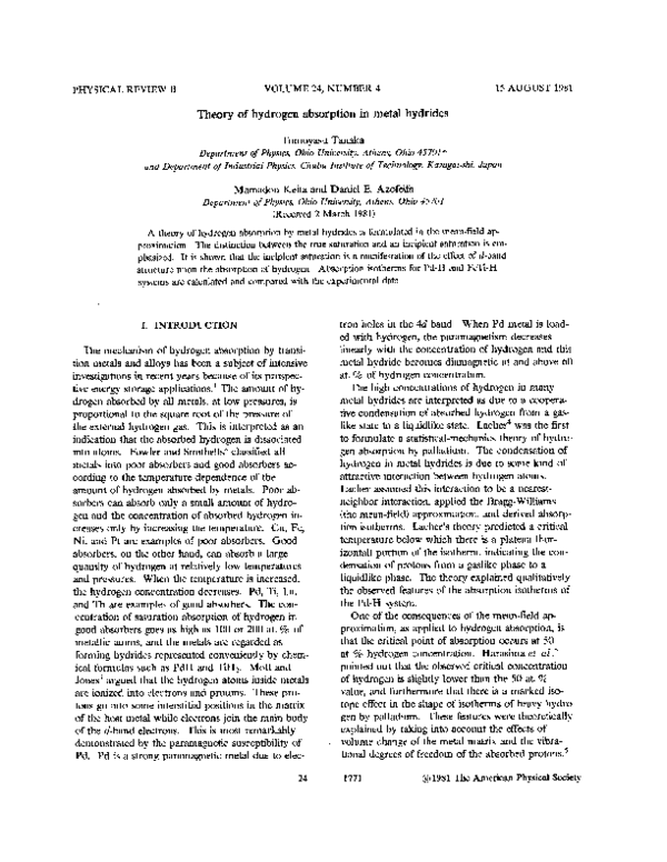 (PDF) Theory of hydrogen absorption in metal hydrides