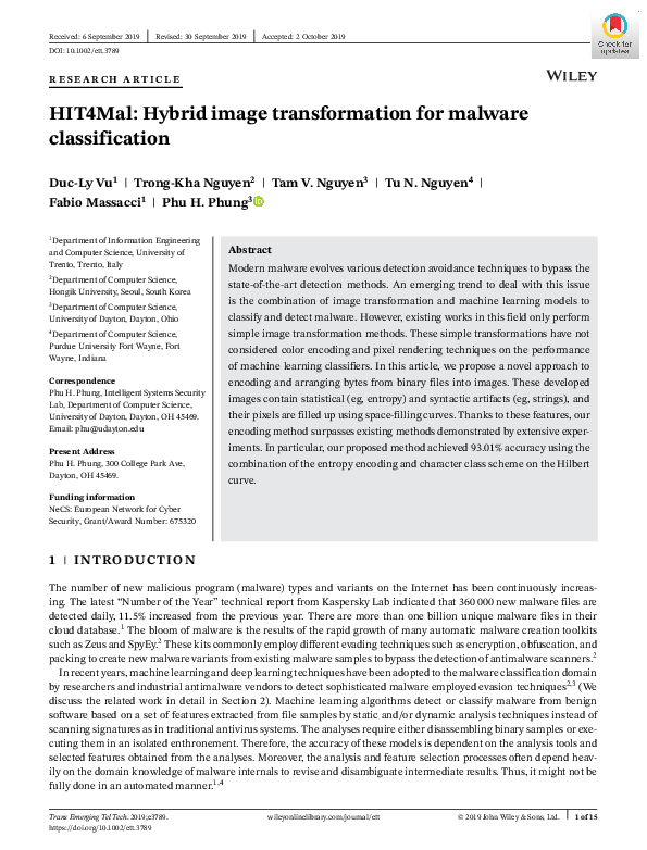 (PDF) HIT4Mal: Hybrid image transformation for malware classification