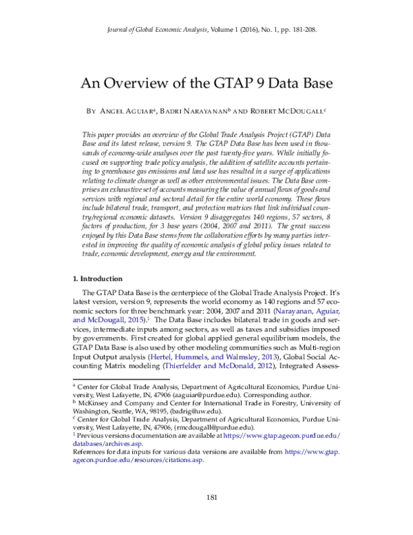 (PDF) An Overview of the GTAP 9 Data Base