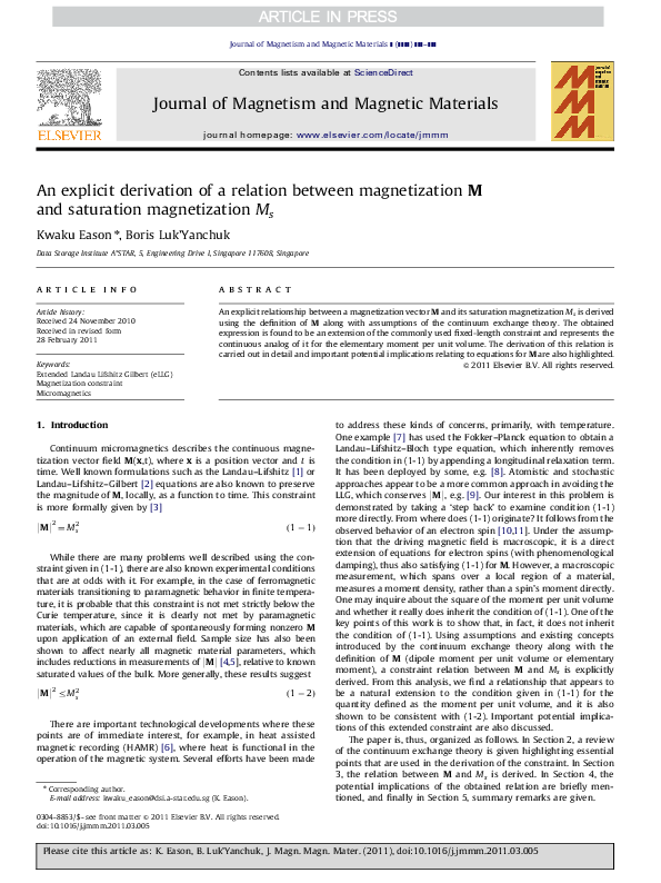 (PDF) An explicit derivation of a relation between magnetization M and ...