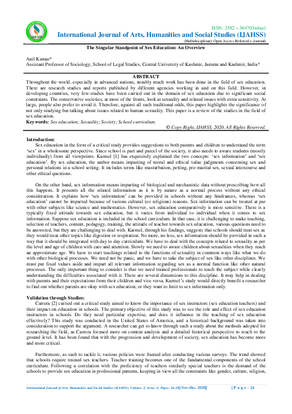 Pdf The Singular Standpoint Of Sex Education An Overview Anil
