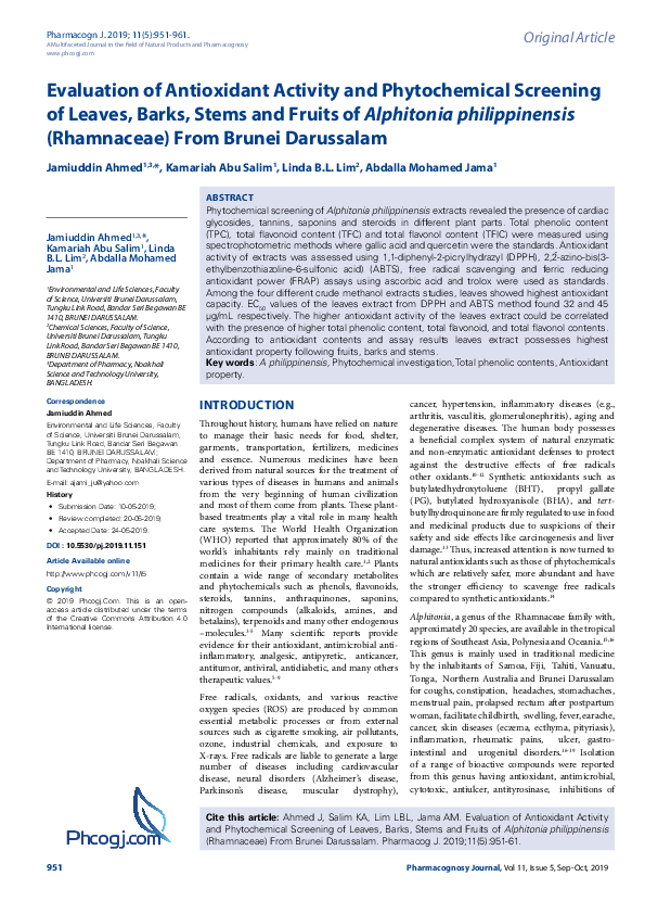 (PDF) Evaluation of Antioxidant Activity and Phytochemical Screening of Leaves, Barks, Stems and ...