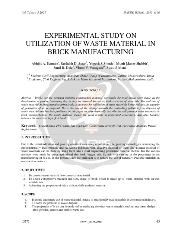 (PDF) Experimental Study on Utilization of Waste Material in Brick ...