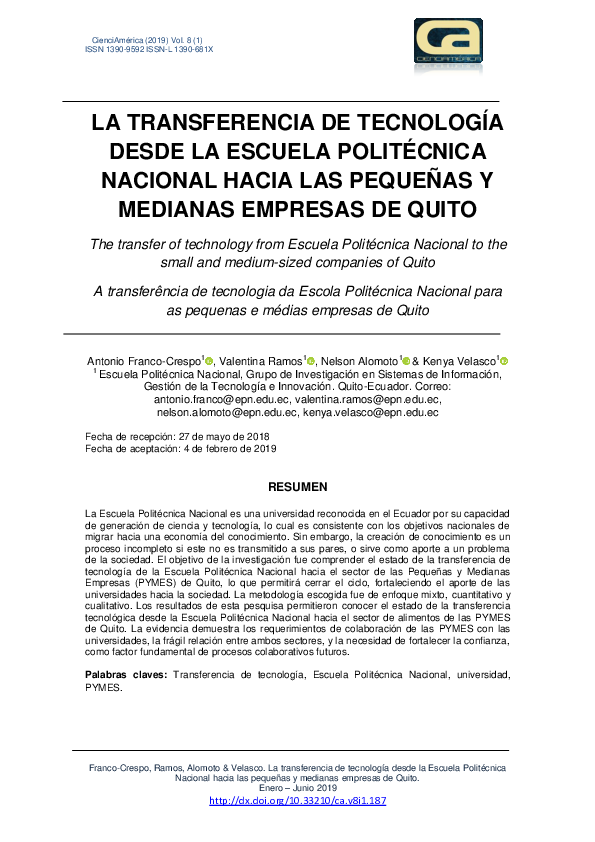 (PDF) Transferencia de tecnología desde la Escuela Politécnica Nacional hacia las pequeñas y ...
