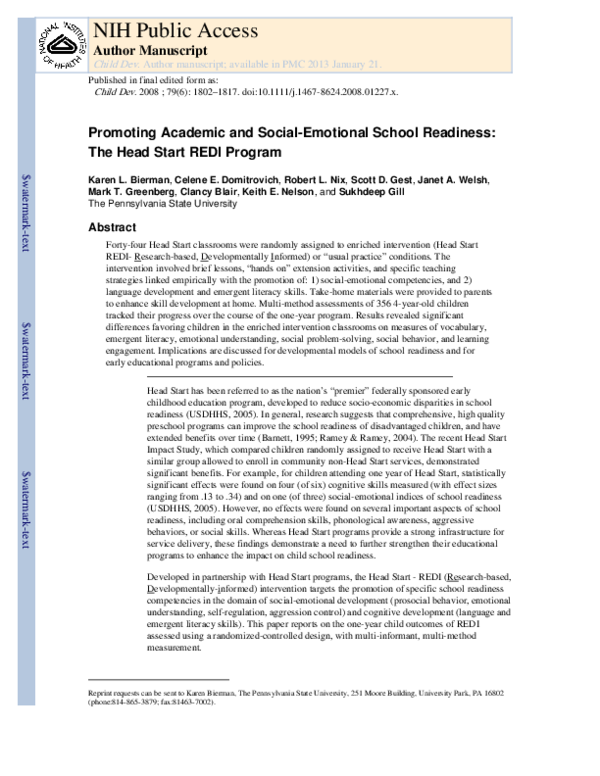 (PDF) Promoting Academic and Social-Emotional School Readiness: The ...