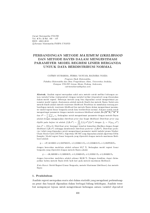 Pdf Perbandingan Metode Maximum Likelihood Dan Metode Bayes Dalam Mengestimasi Parameter Model
