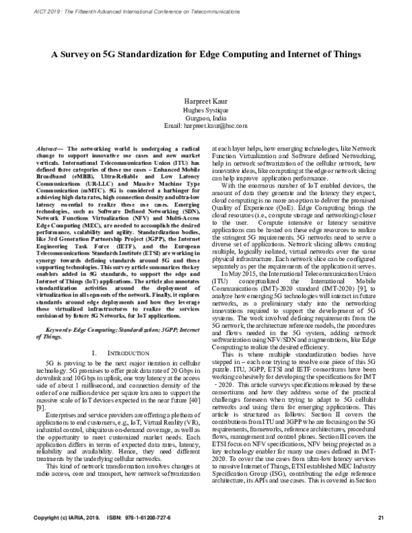Pdf A Survey On 5g Standardization For Edge Computing And Internet Of Things