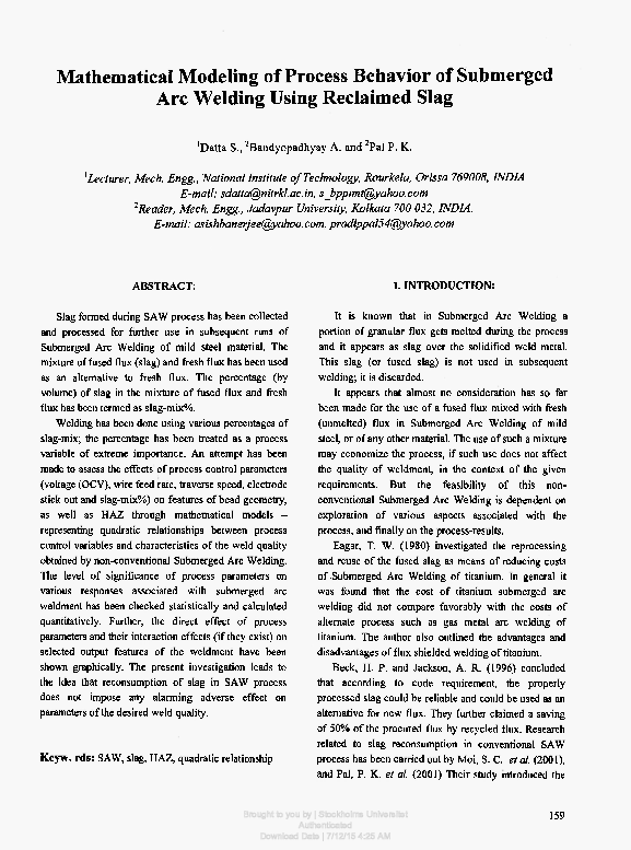 Pdf Mathematical Modeling Of Process Behavior Of Submerged Arc Welding Using Reclaimed Slag