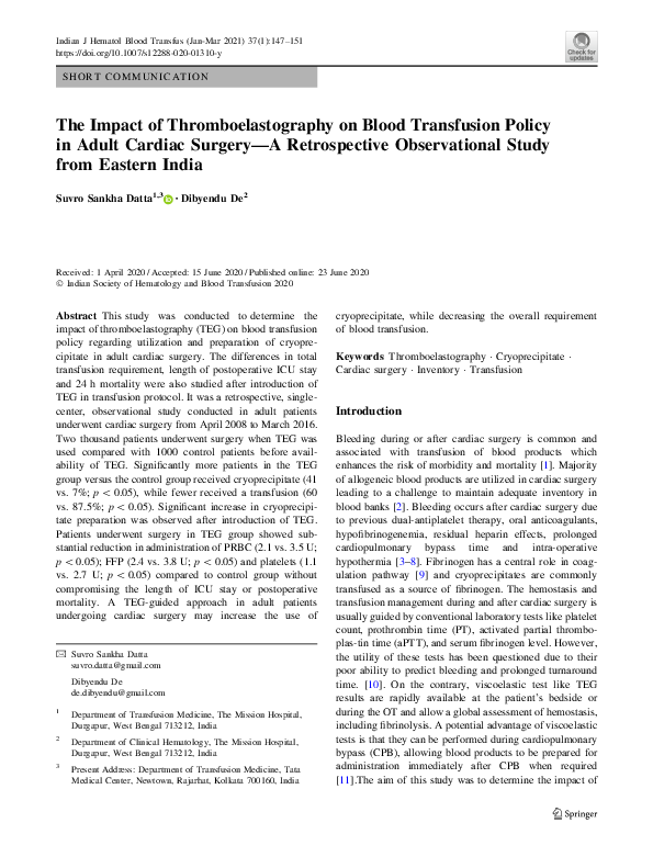 (PDF) The Impact of Thromboelastography on Blood Transfusion Policy in ...