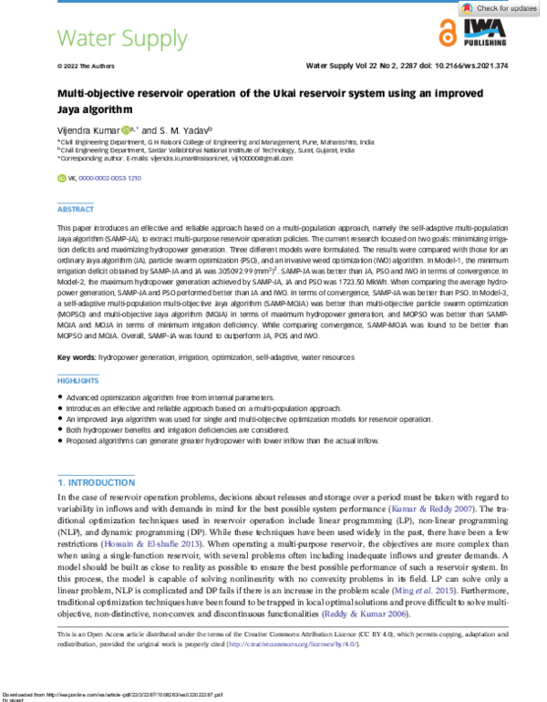 (PDF) Multi-objective reservoir operation of the Ukai reservoir system using an improved Jaya ...