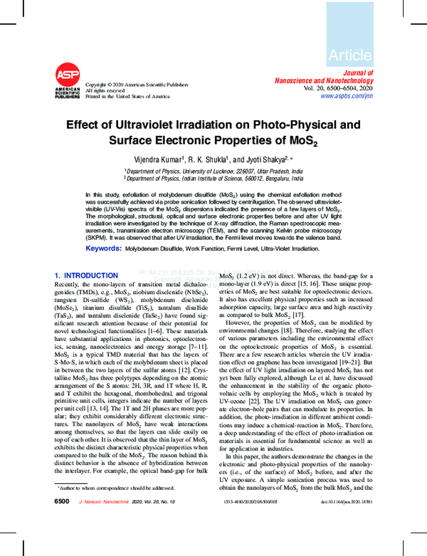 (PDF) Effect of Ultraviolet Irradiation on Photo-Physical and Surface Electronic Properties of MoS2