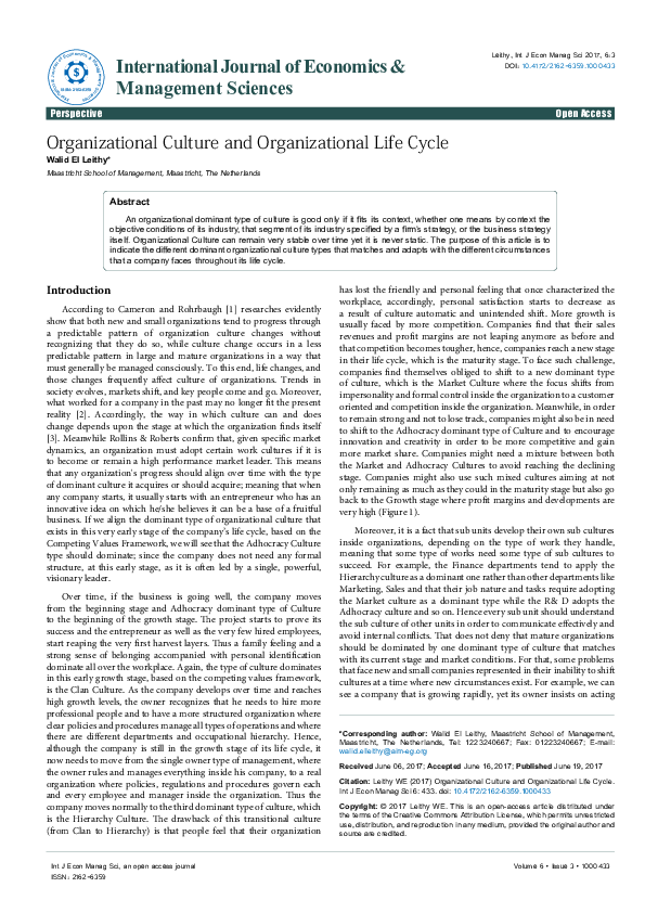 (PDF) Organizational Culture and Organizational Life Cycle