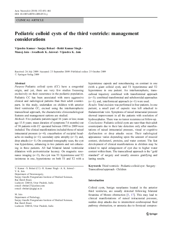 (PDF) Pediatric colloid cysts of the third ventricle: management ...