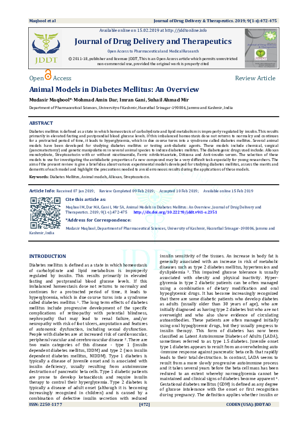 (PDF) Animal Models in Diabetes Mellitus: An Overview | Suhail Mir ...