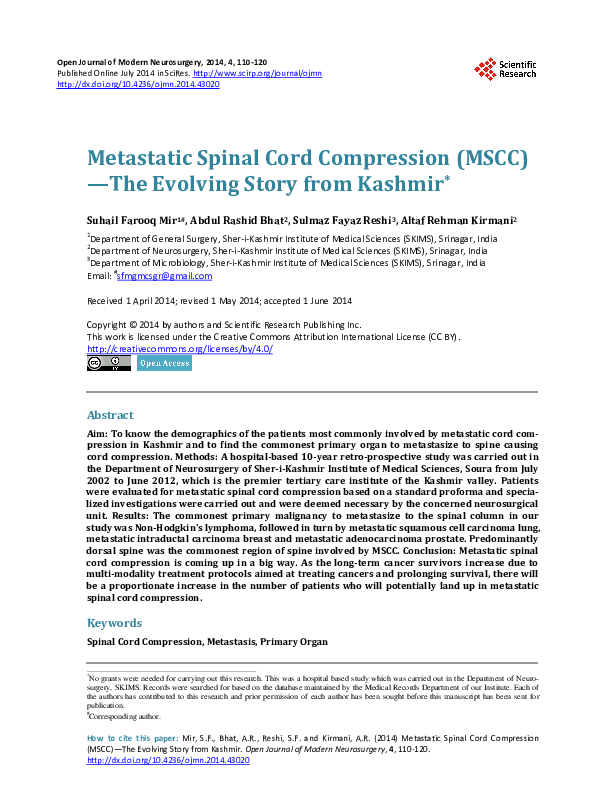 (PDF) Metastatic Spinal Cord Compression (MSCC) —The Evolving Story ...