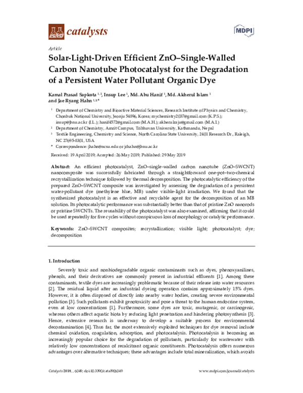 (PDF) Solar-Light-Driven Efficient ZnO–Single-Walled Carbon Nanotube Photocatalyst for the ...