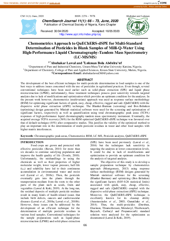 (PDF) Chemometrics Approach to QuEChERS-dSPE for Multi-Standard Determination of Pesticides in ...