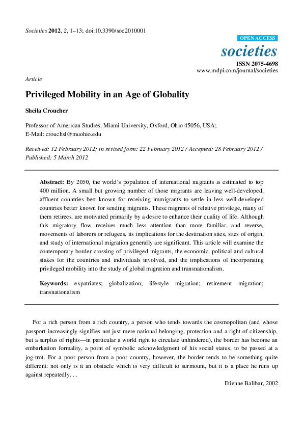 (PDF) Article Privileged Mobility in an Age of Globality
