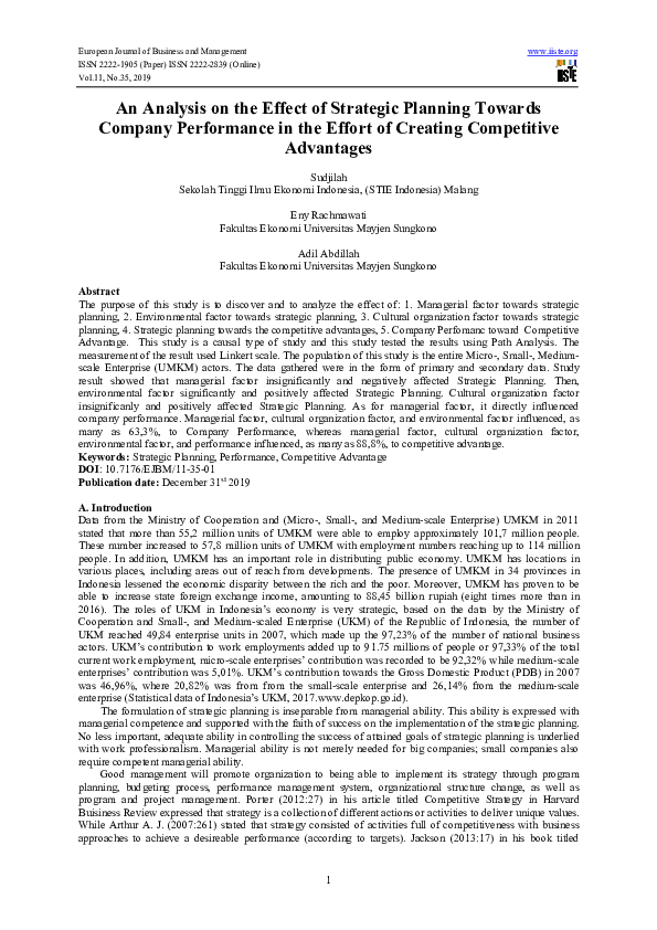 (PDF) An Analysis on the Effect of Strategic Planning Towards Company ...