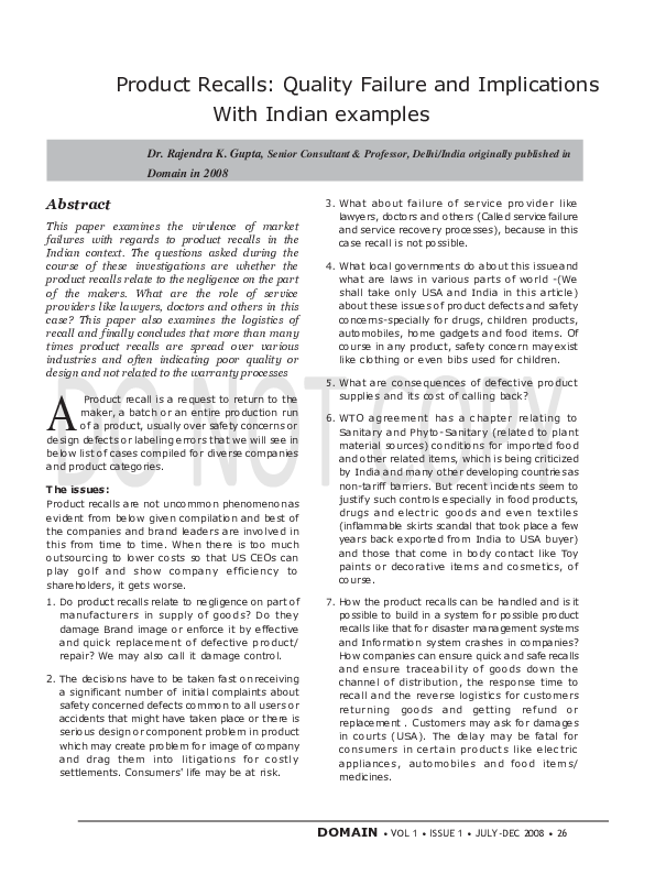 (PDF) Product Recalls: Quality Failure and Implications With Indian examples