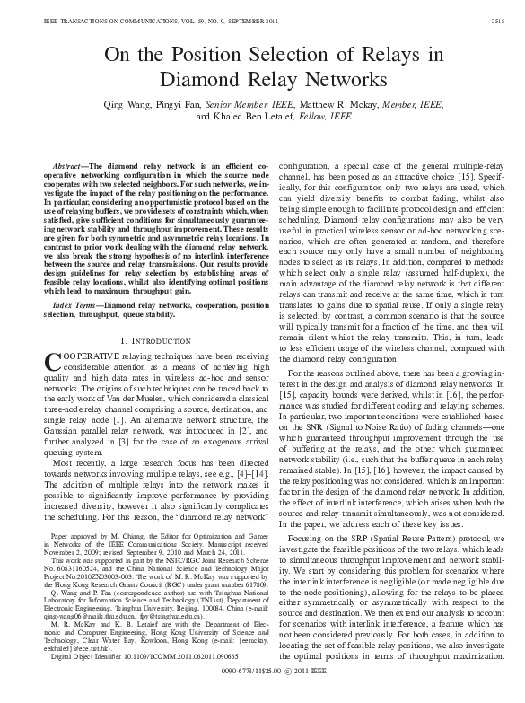 (PDF) On the Position Selection of Relays in Diamond Relay Networks