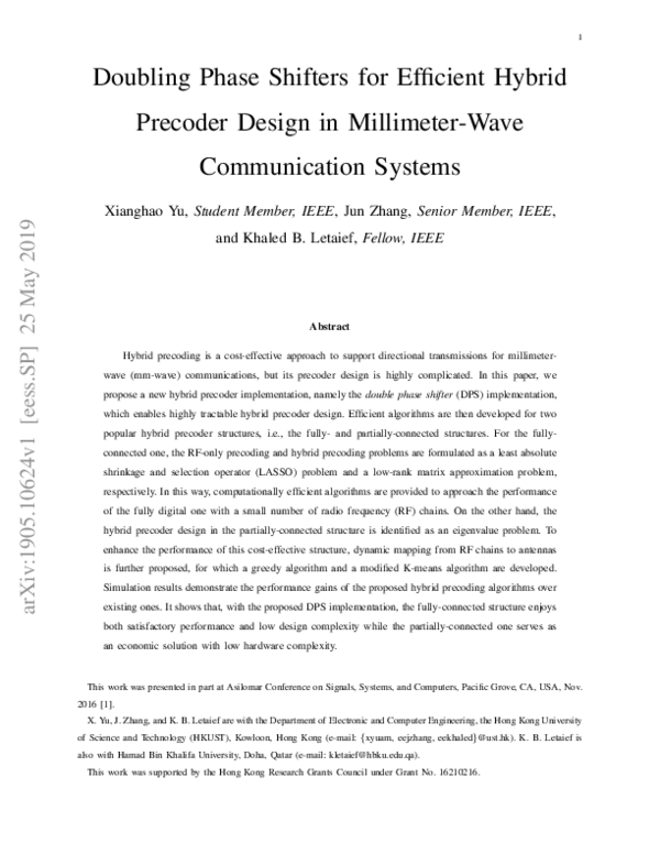 Pdf Doubling Phase Shifters For Efficient Hybrid Precoder Design In Millimeter Wave