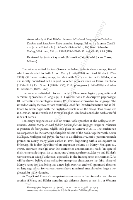 (PDF) Anton Marty & Karl Bühler: Between mind and language — Zwischen ...