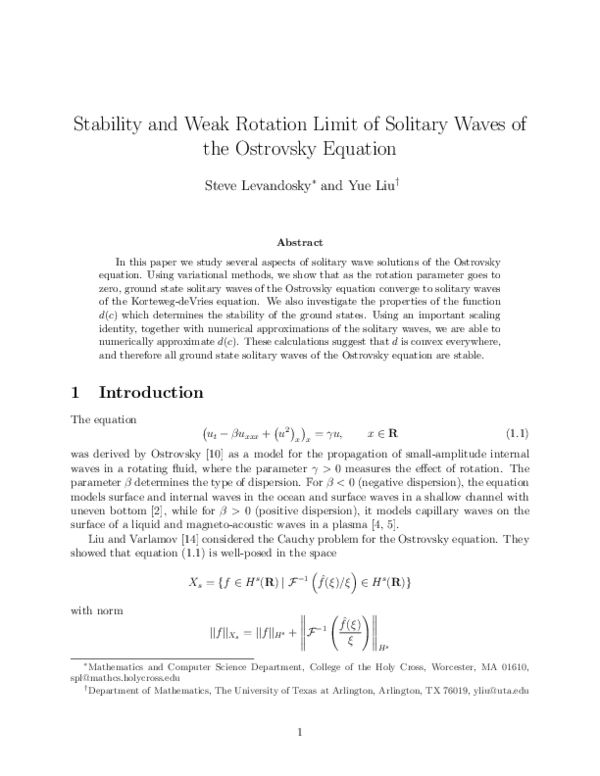 (PDF) Stability and weak rotation limit of solitary waves of the ...