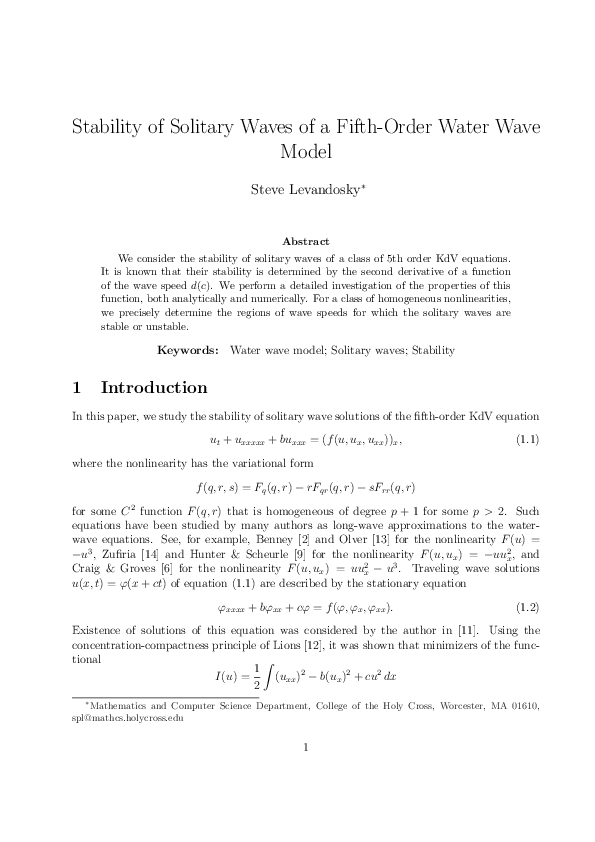 (PDF) Stability of solitary waves of a fifth-order water wave model