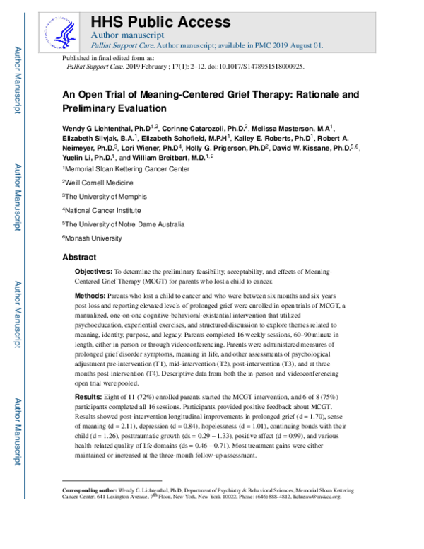 (PDF) An open trial of meaning-centered grief therapy: Rationale and ...