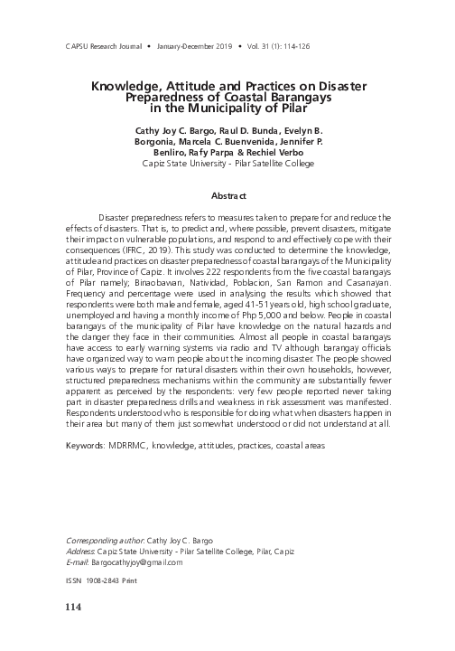 (PDF) Knowledge, Attitude and Practices on Disaster Preparedness of Coastal Barangays in the ...