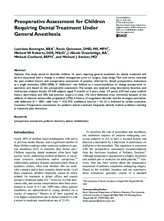 (PDF) Preoperative Assessment for Children Requiring Dental Treatment ...