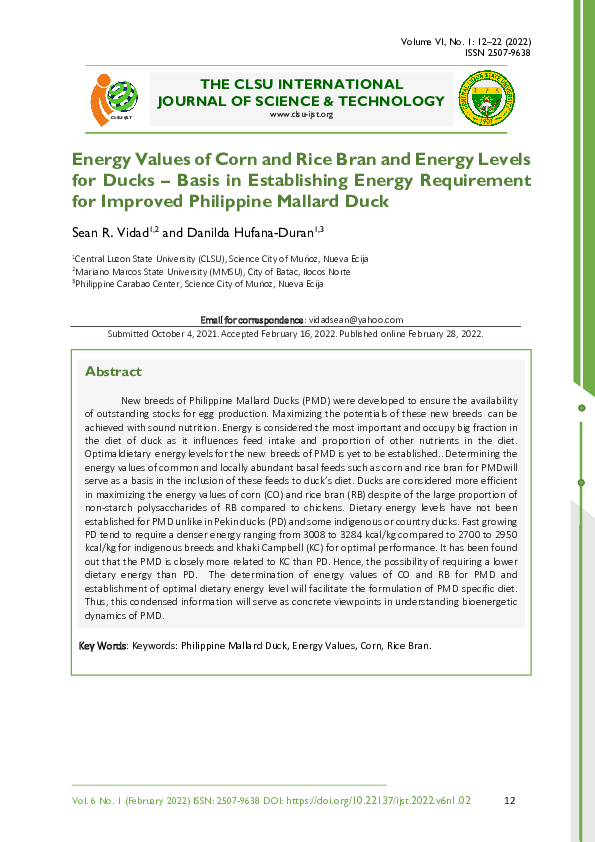 (PDF) Energy Values of Corn and Rice Bran and Energy Levels for Ducks ...