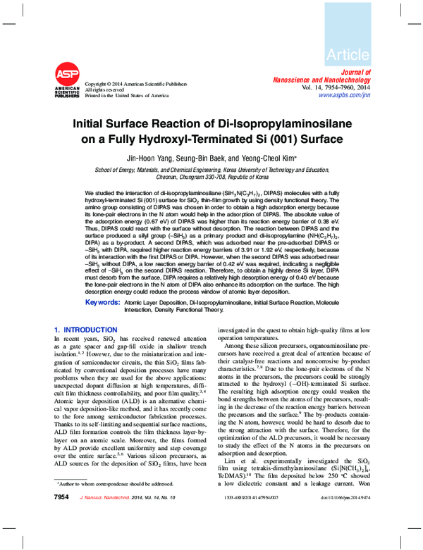 (PDF) Initial Surface Reaction of Di-Isopropylaminosilane on a Fully ...