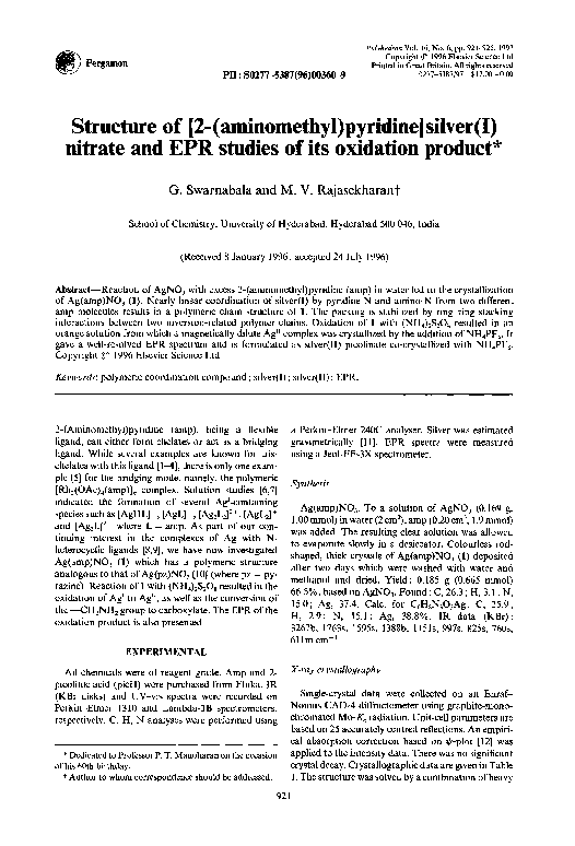 (PDF) Structure of [2-(aminomethyl)pyridine]silver(I) nitrate and EPR ...