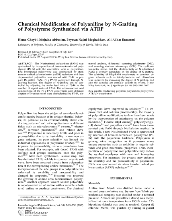 Pdf Chemical Modification Of Polyaniline By N Grafting Of Polystyrene Synthesized Via Atrp