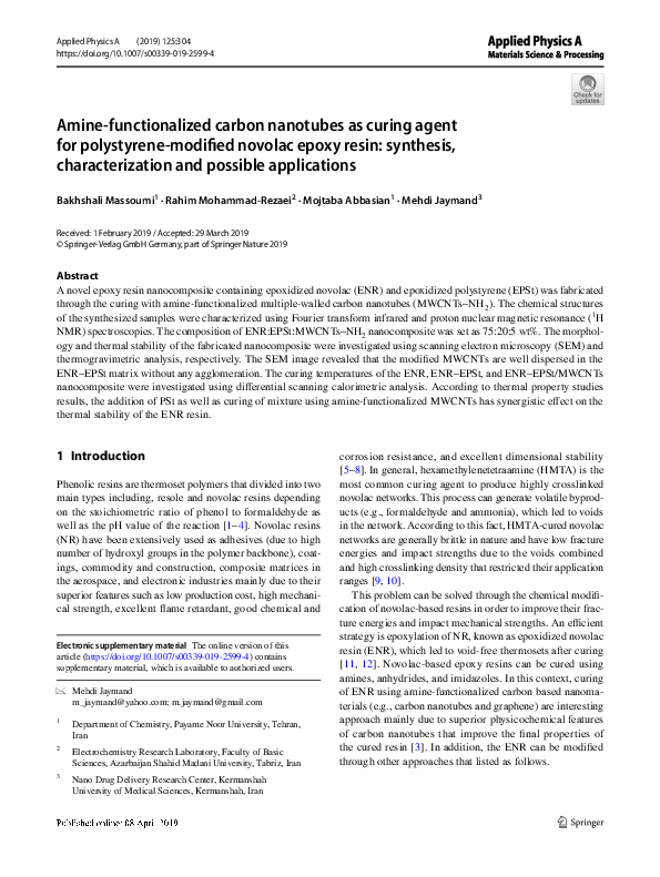 Pdf Amine Functionalized Carbon Nanotubes As Curing Agent For