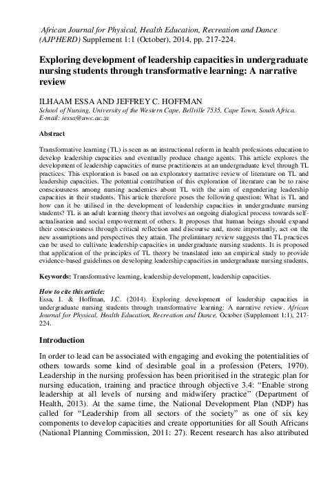 (PDF) Exploring development of leadership capacities in undergraduate nursing students through ...