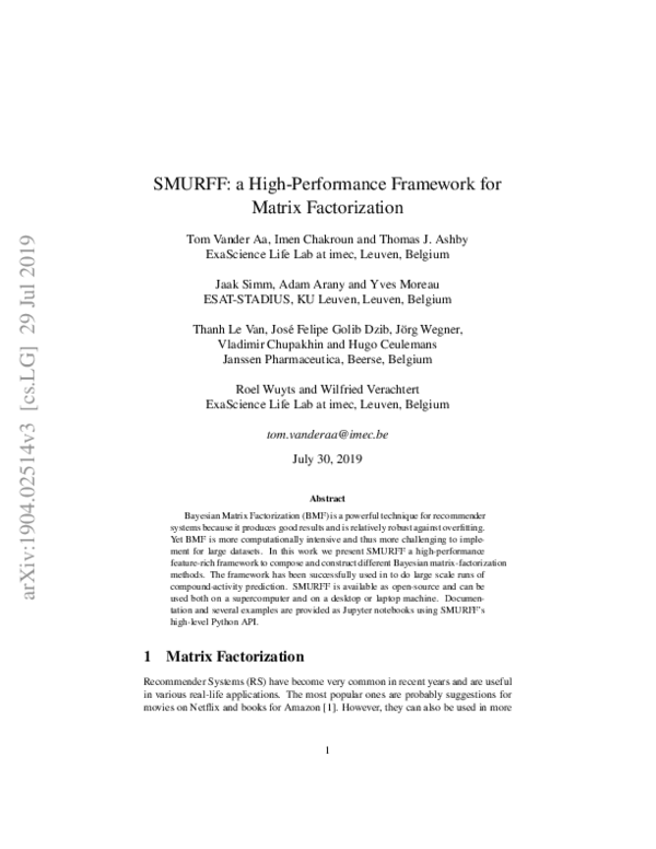 (PDF) SMURFF: a High-Performance Framework for Matrix Factorization