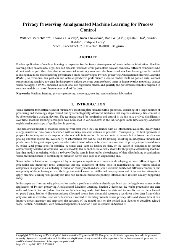 (PDF) Multi party privacy preserving machine learning for process control