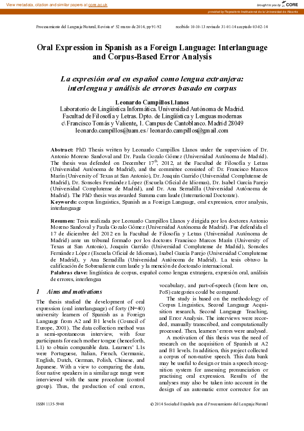 (PDF) La expresión oral en español como lengua extranjera: interlengua ...