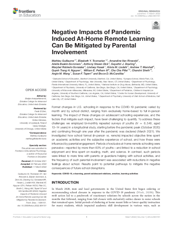 (PDF) Negative Impacts of Pandemic Induced At-Home Remote Learning Can ...