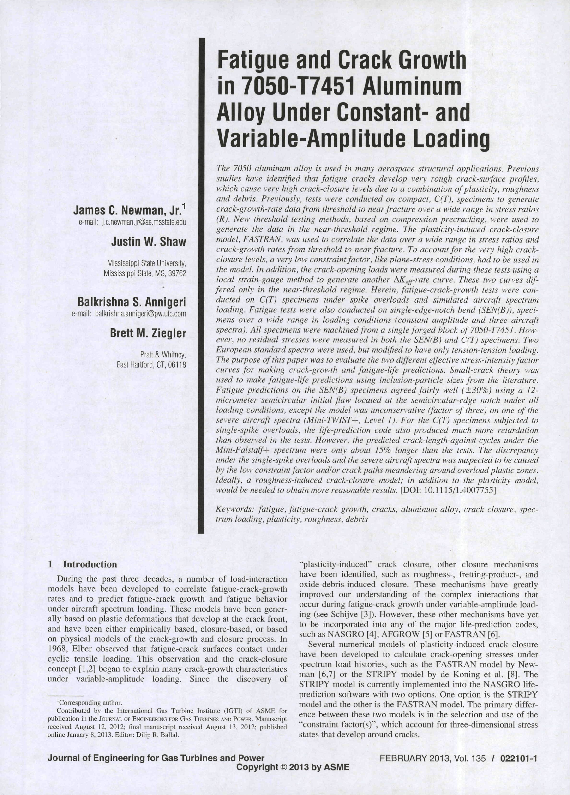 (PDF) Fatigue and Crack Growth in 7050-T7451 Aluminum Alloy Under Constant- and Variable ...