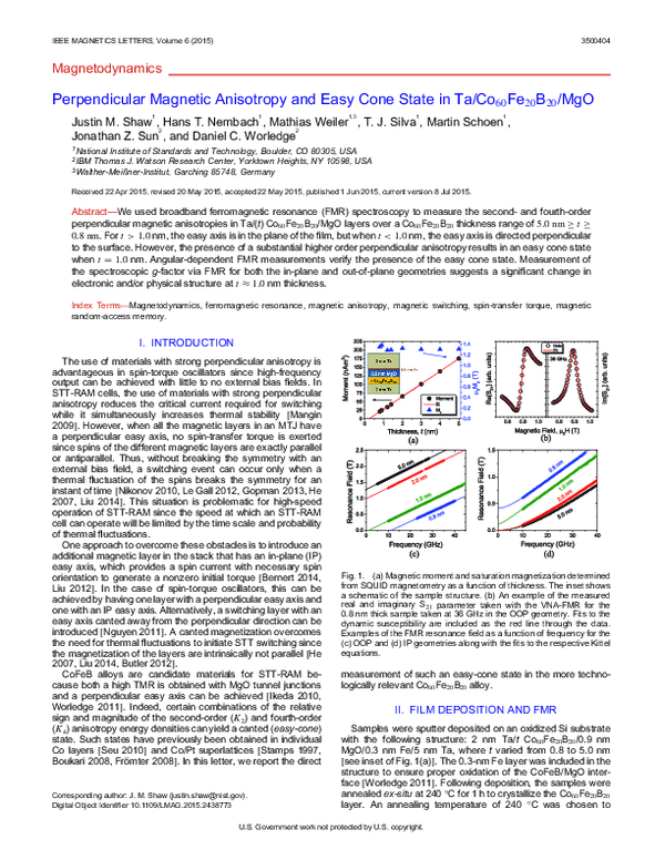 (PDF) Perpendicular Magnetic Anisotropy and Easy Cone State in Ta/Co60Fe20B20 /MgO