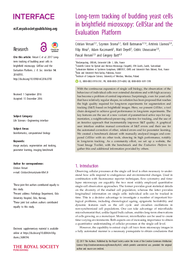 (PDF) Long-term tracking of budding yeast cells in brightfield microscopy: CellStar and the ...