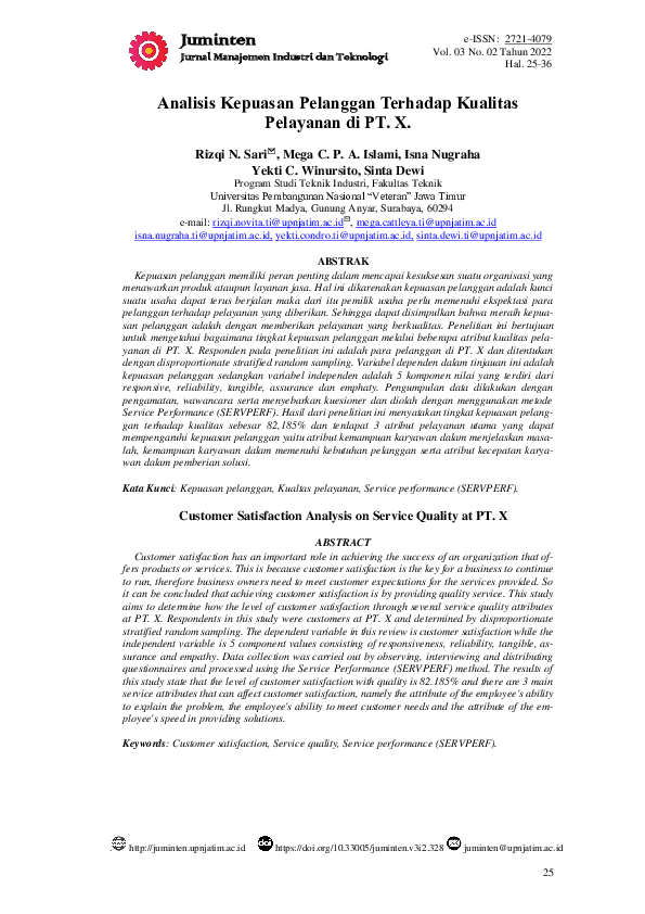 (PDF) Analisis Kepuasan Pelanggan Terhadap Kualitas Pelayanan di PT. X