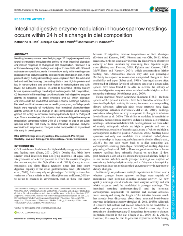(PDF) Intestinal digestive enzyme modulation in house sparrow nestlings ...