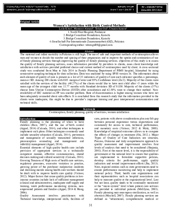 (PDF) Women's Satisfaction with Birth Control Methods