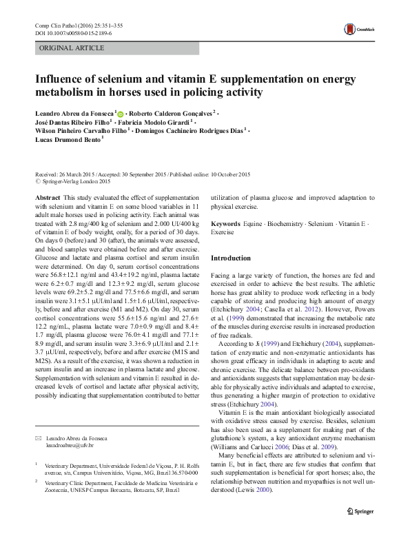 (PDF) Influence of selenium and vitamin E supplementation on energy metabolism in horses used in ...
