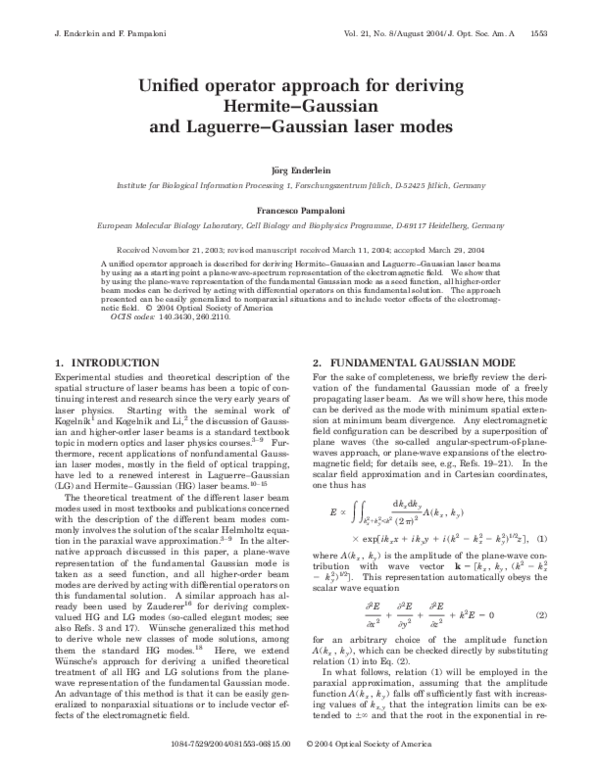 Pdf Unified Operator Approach For Deriving Hermite Gaussian And Laguerre Gaussian Laser Modes